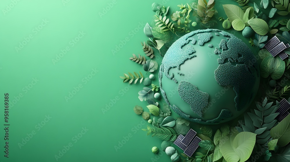 Planet Earth with green energy symbols like leaves, solar panels, and ...