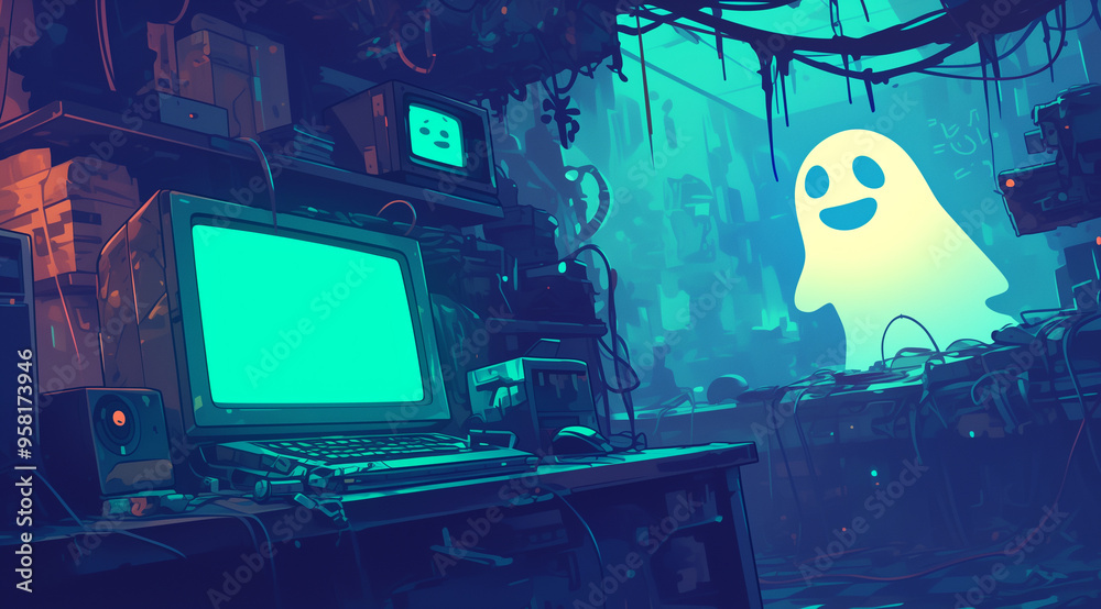 Cute Ghost Buster Gaming Background with Pastel Colors and Green Neon ...