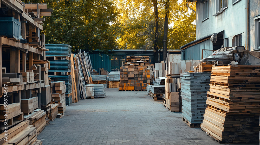 urban mining zero waste, sorted piles of construction materials windows ...