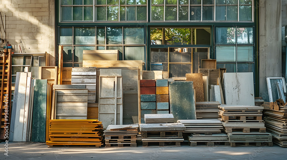 urban mining zero waste, sorted piles of construction materials windows ...