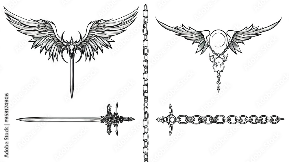 Line Divider Featuring a Long Sword, Angel Wings, Iron Chains with ...