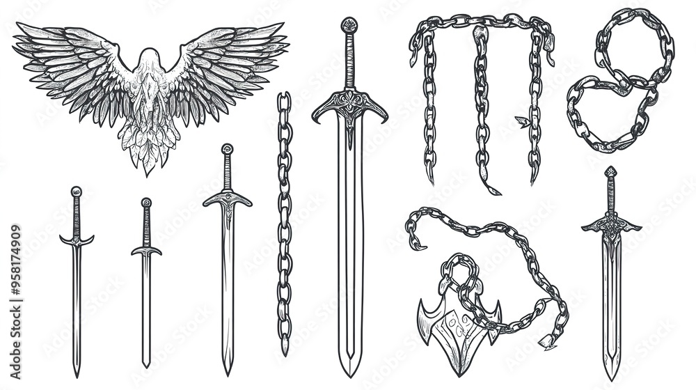 Line Divider Featuring a Long Sword, Angel Wings, Iron Chains with ...