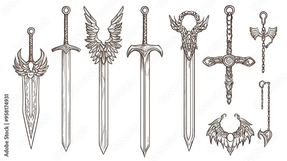 Line Divider Featuring a Long Sword, Angel Wings, Iron Chains with ...