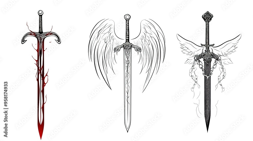 Line Divider Featuring a Long Sword, Angel Wings, Iron Chains with ...