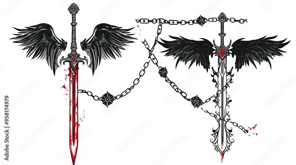 Line Divider Featuring a Long Sword, Angel Wings, Iron Chains with ...