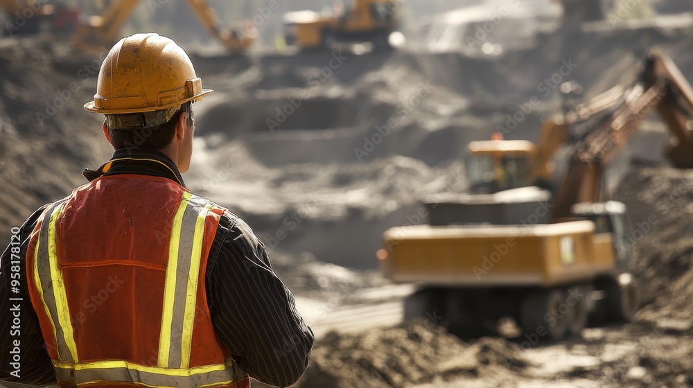 An engineer oversees construction progress, surrounded by excavators ...