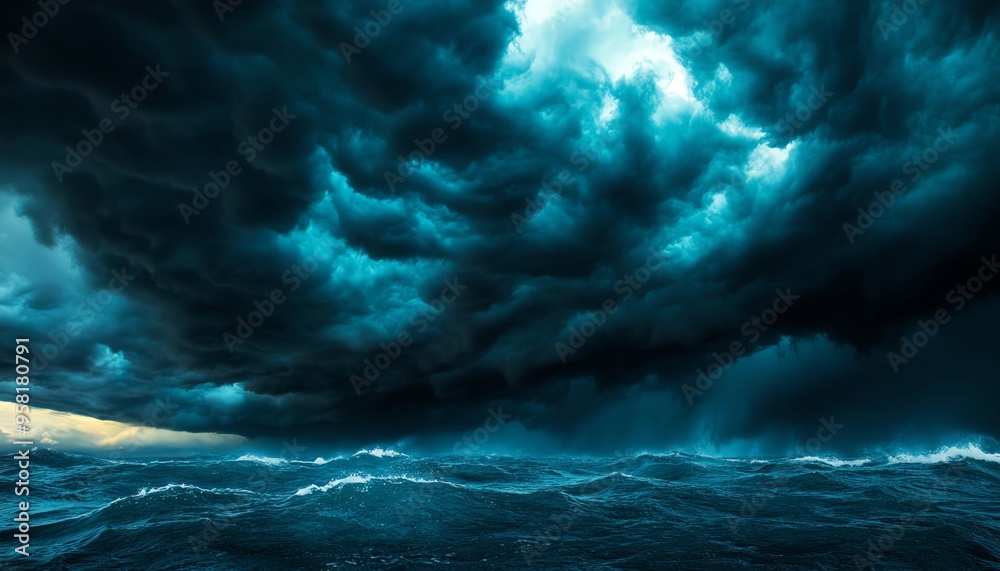 Dramatic stormy ocean scene with dark clouds and turbulent waves ...