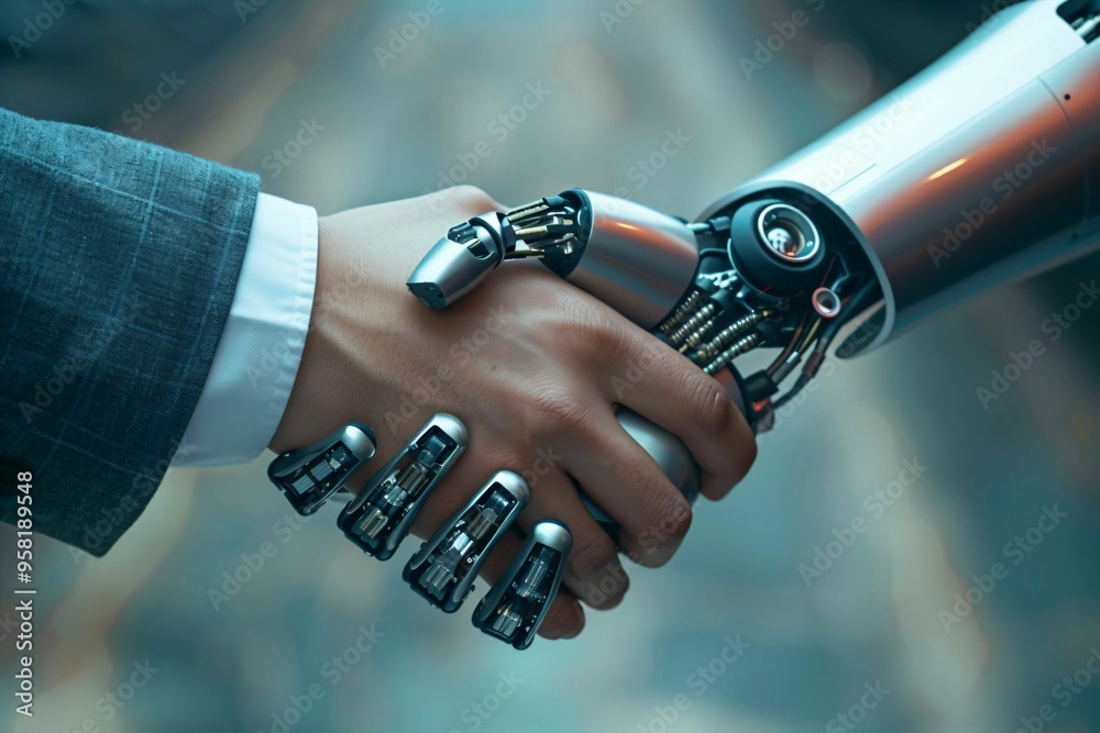 Un robot qui sert la main d'un humain, collaboration entre l'homme et l'intelligence ...