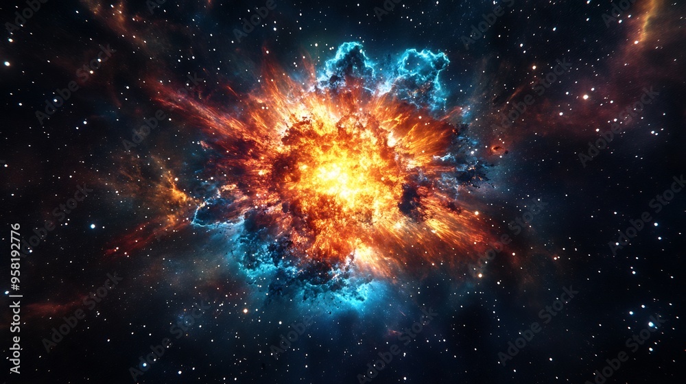 A supernova explosion captured in vivid detail, with shockwaves, bright ...