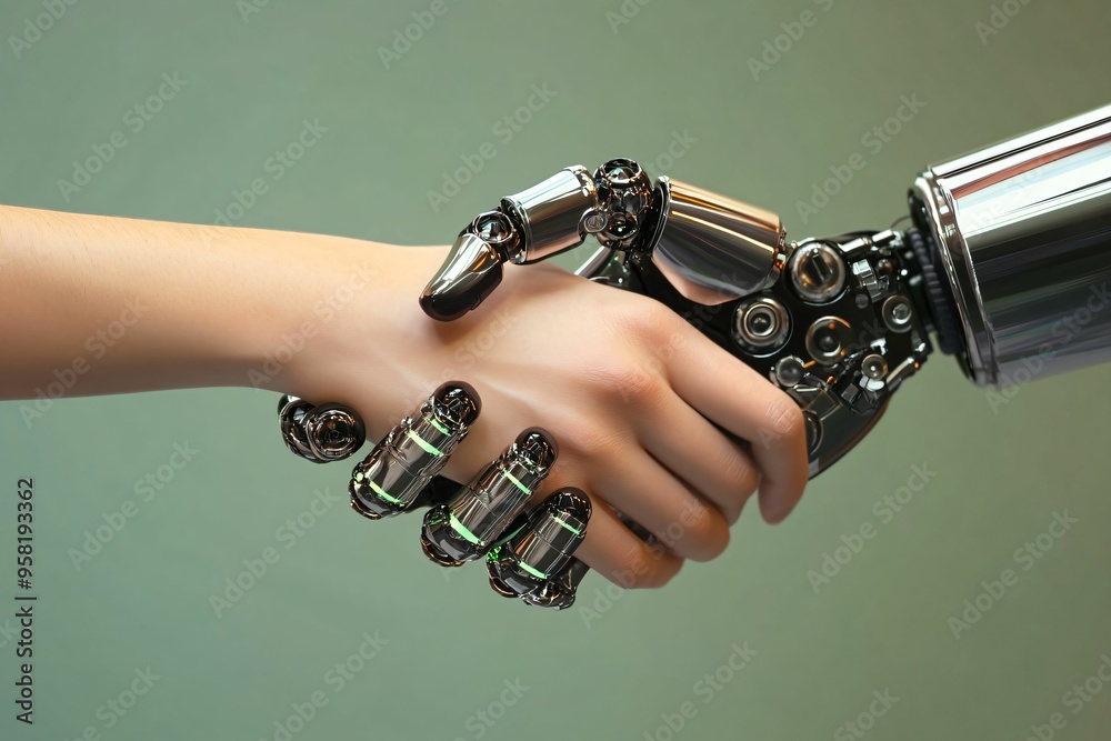 Un robot qui sert la main d'un humain, collaboration entre l'homme et l ...