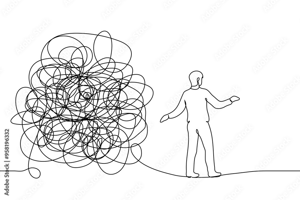 man walking on rope from big chaotic and tangled thing - one line art ...
