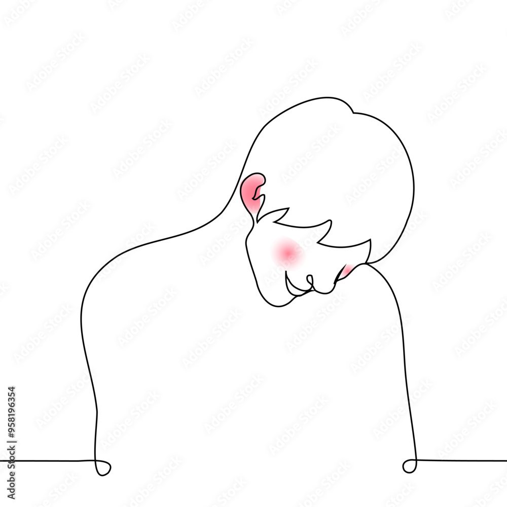 man smiling embarrassed, his ears and cheeks turned red- one line art ...