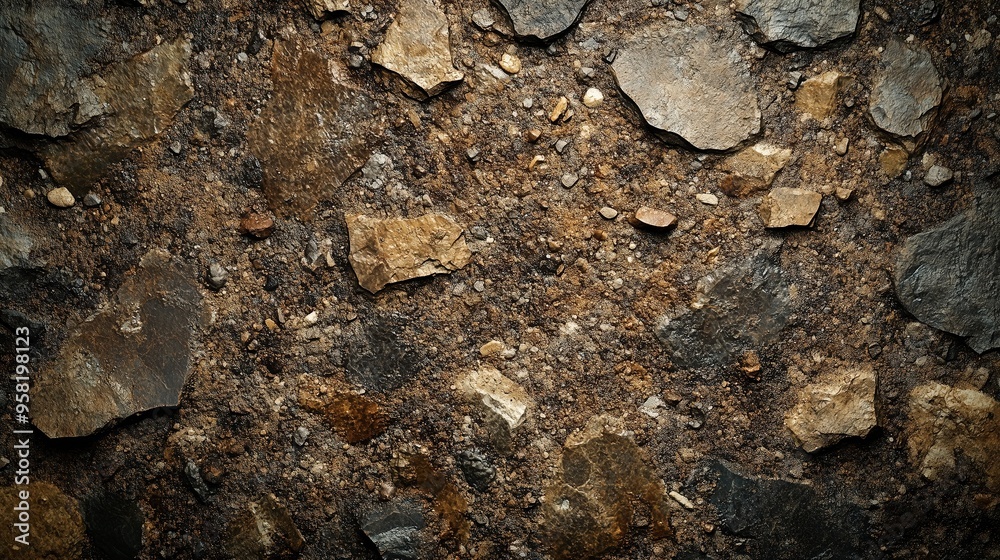 Top view of a rocky ground texture featuring a mixture of various ...