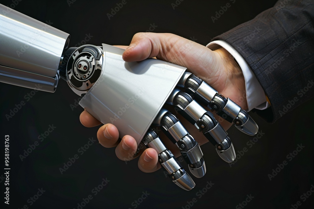 Un robot qui sert la main d'un humain, collaboration entre l'homme et l ...
