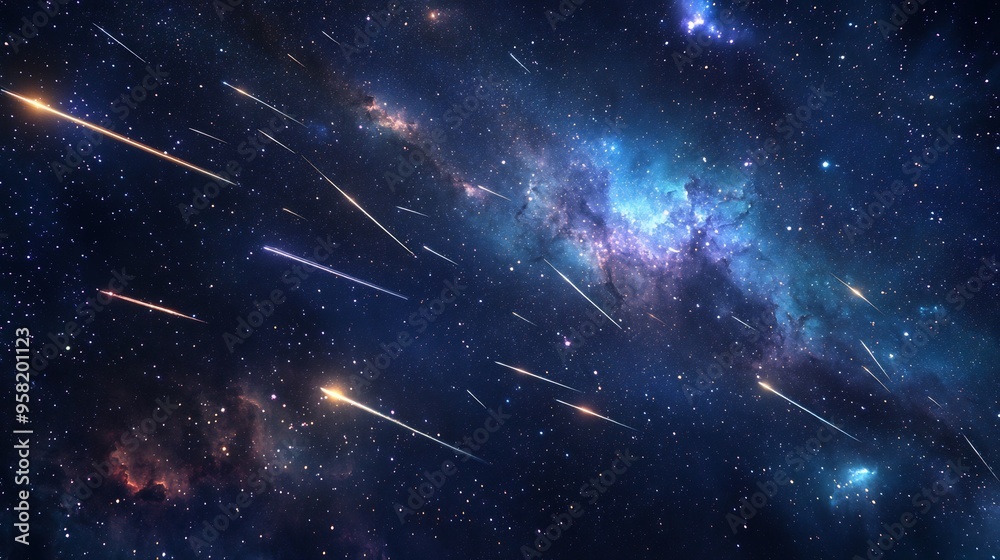 An expansive starfield with multiple shooting stars crossing the sky ...