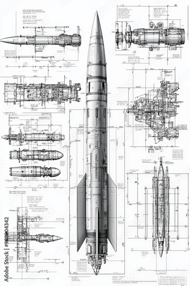 A highly detailed black and white technical drawing of the ballistic ...