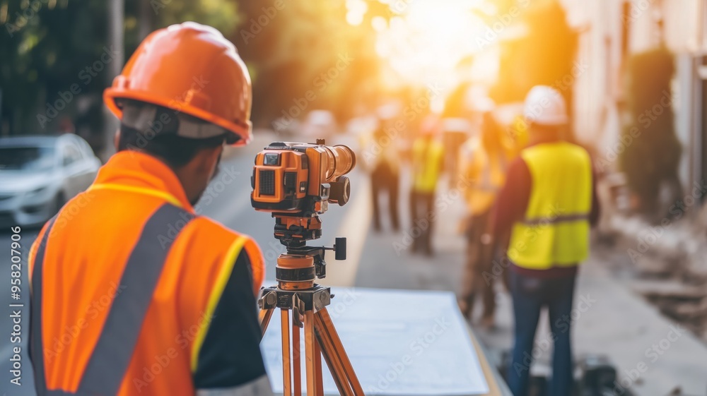 Survey engineer team working with theodolite and road construction ...