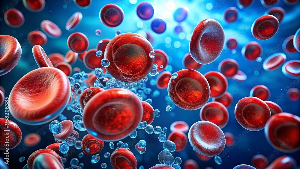Cluster of red blood cells in blue liquid with droplets of blood on a ...