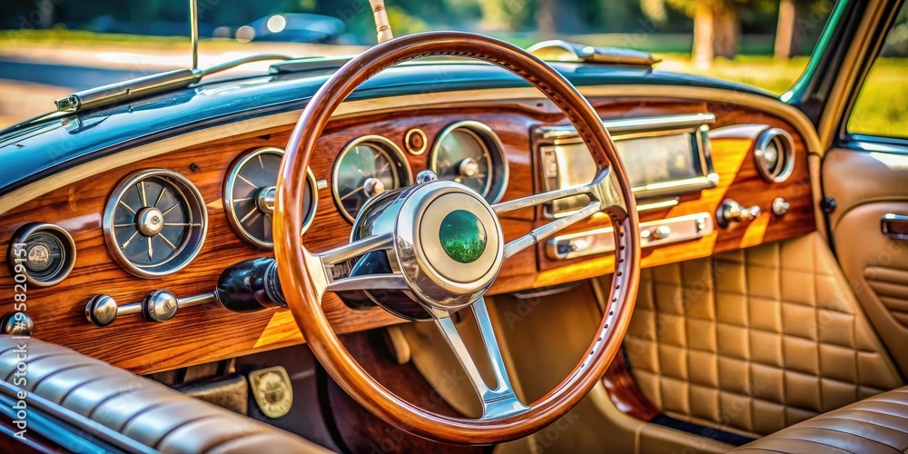 Retro-style dashboard interface with vintage gauges and wooden accents ...