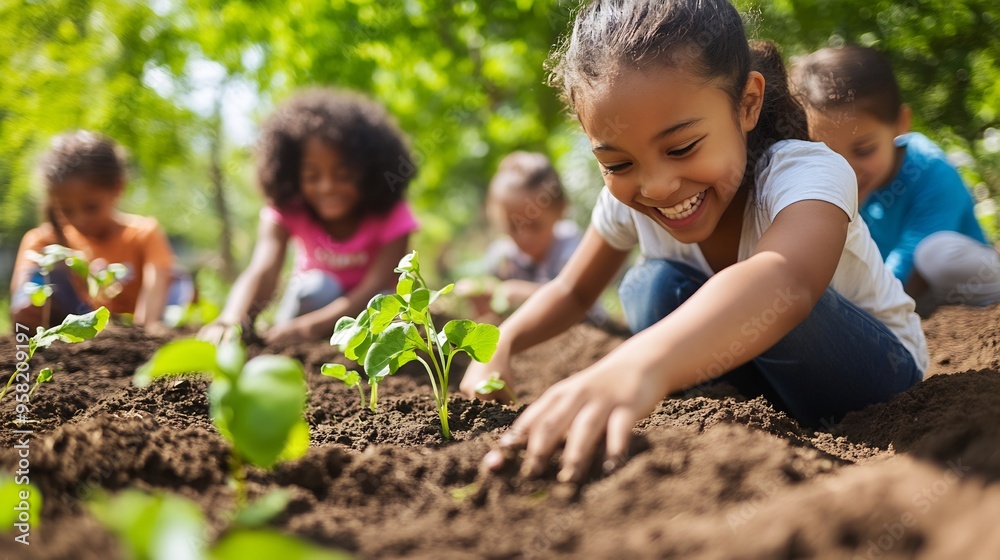 Children planting seeds in a community garden, hands in the soil ...