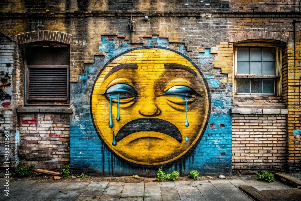 dramatic monochromatic graffiti artwork showing crying face emoji on ...