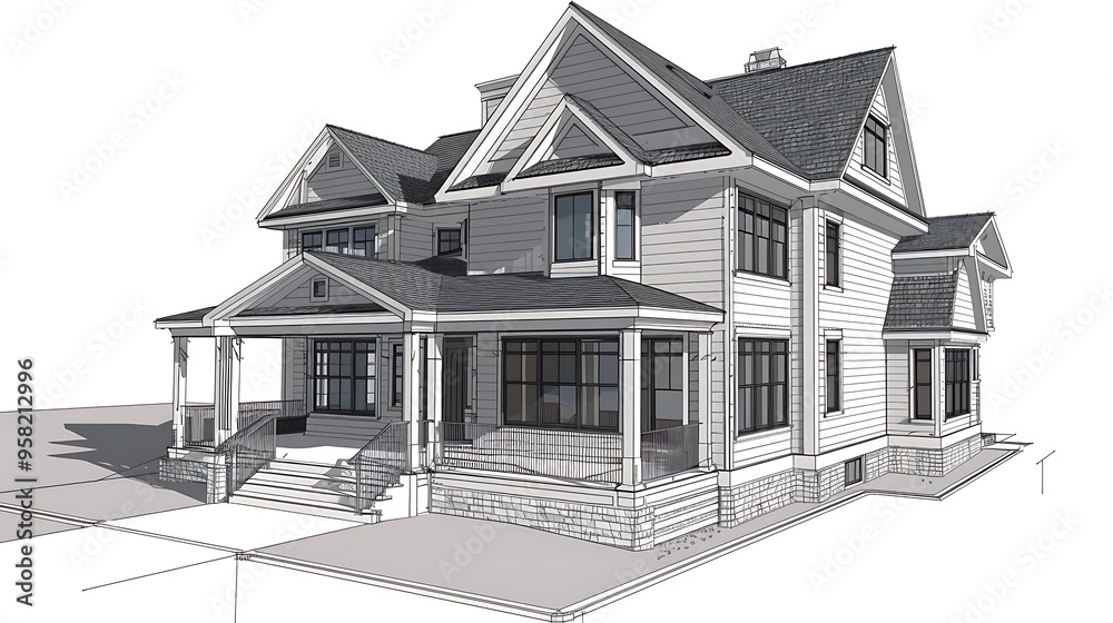 Detailed CAD 3D mockup of a house, with a focus on house design and ...