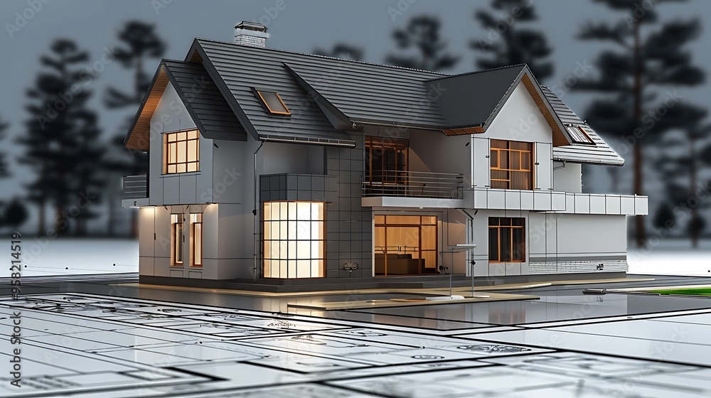 Detailed CAD 3D mockup of a house, with a focus on house design and ...