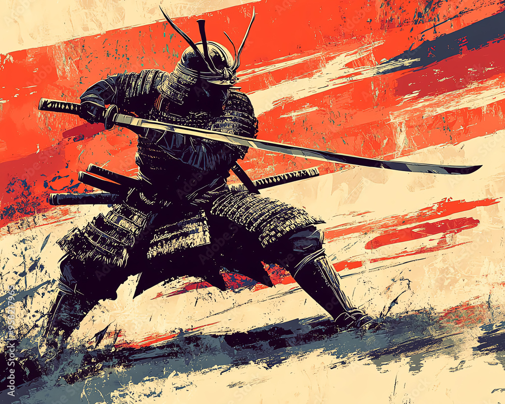 A samurai warrior in full armor wielding a katana sword with a dramatic ...