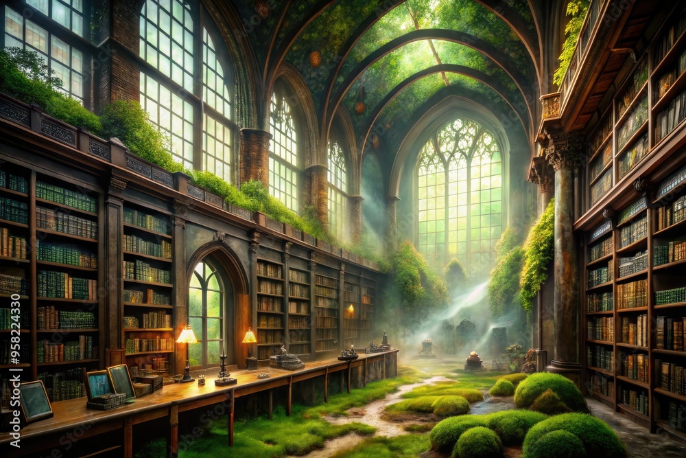 misty atmosphere envelops an ancient library with moss-covered windows ...