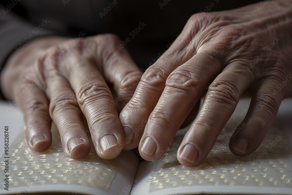 Hands of a visually impaired person reading a Braille book, with their ...