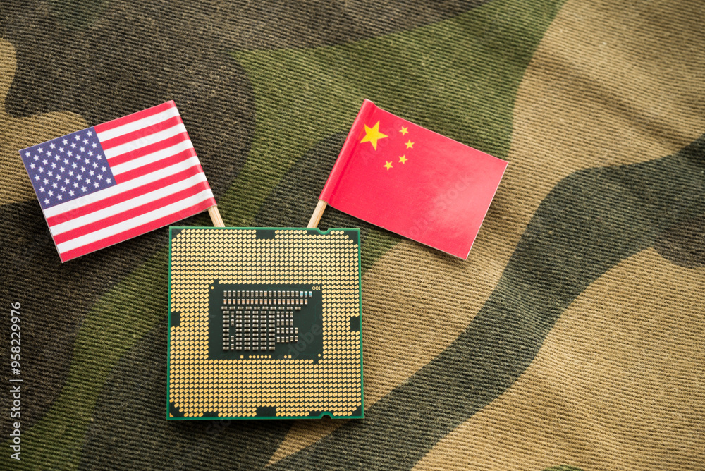 CPU computer (central processing unit) with US and Chinese flag on army ...