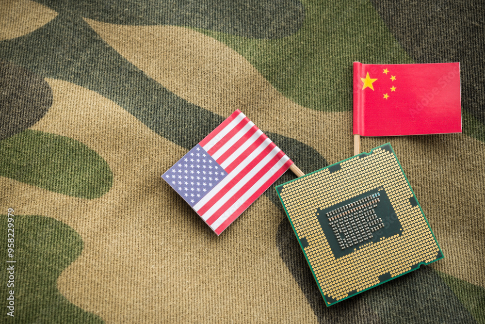CPU computer (central processing unit) with US and Chinese flag on army ...
