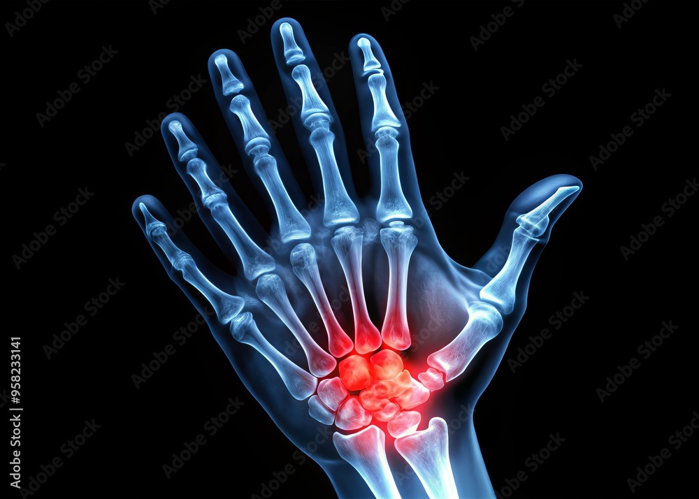 The X-ray reveals a stark image of a fractured hand, with two broken ...