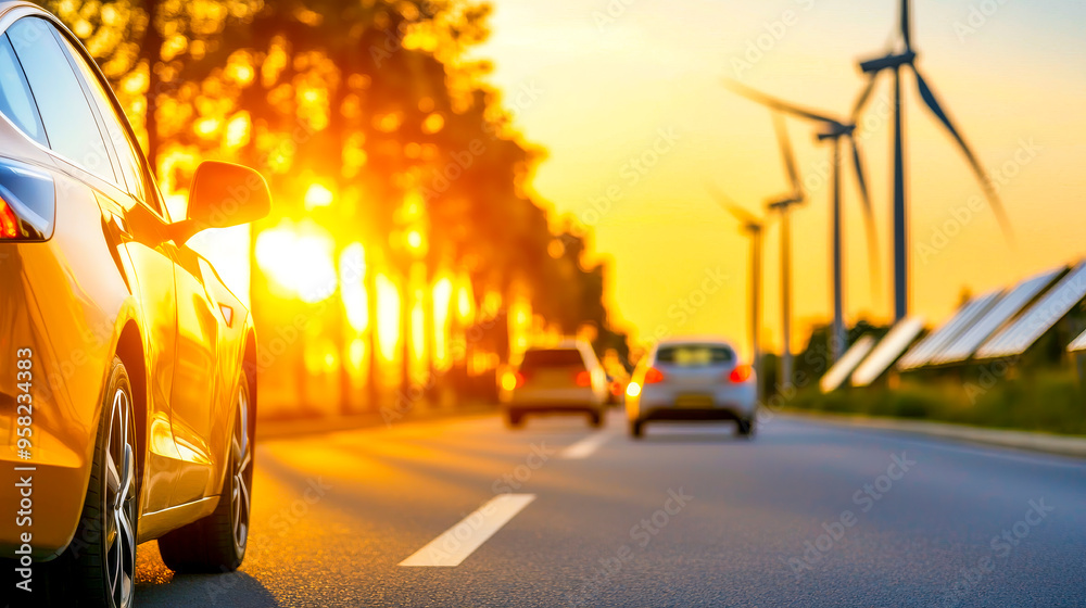 Driving Towards a Sustainable Future: An electric car glides down a sun ...