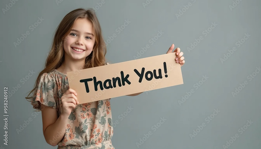 Thank You message : young girl holding a banner with text. Expression ...