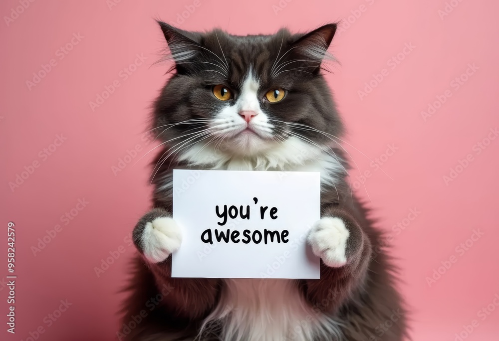 Compliment, congratulations and praise message. Cat holding banner with ...
