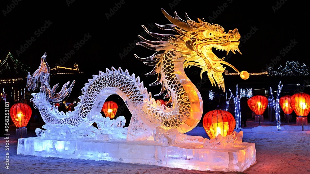 Traditional Chinese elements in ice at Harbin Ice & Snow Festival ...