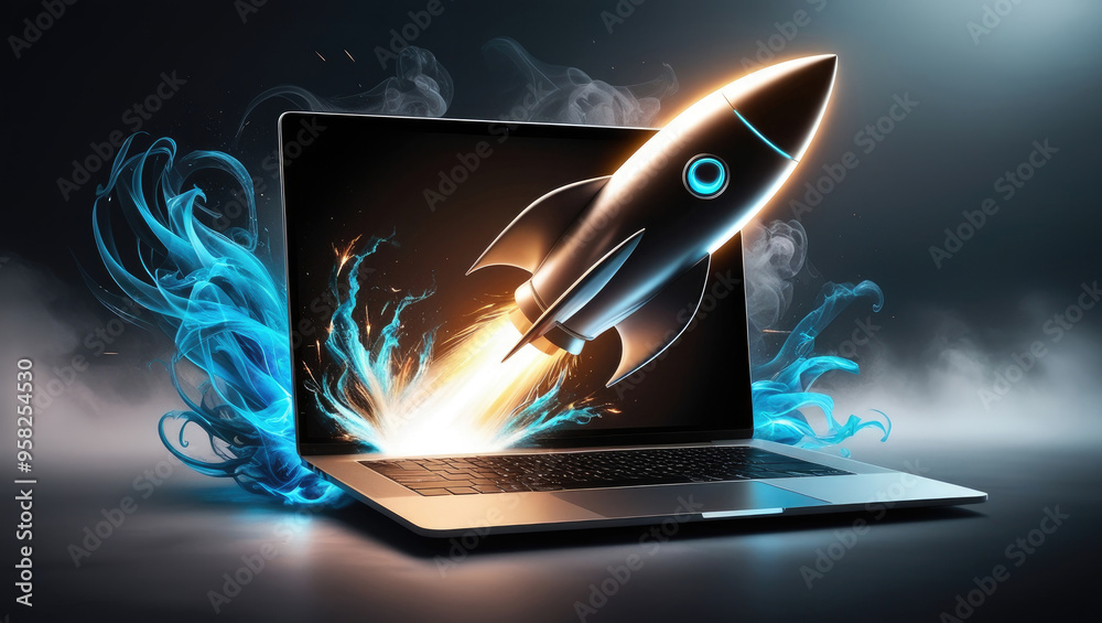 Futuristic High-Speed Rocket Launching from Laptop Screen in a High ...