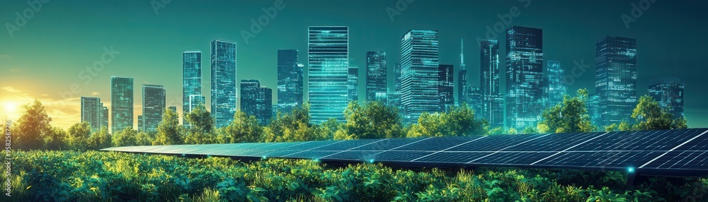 Solar-powered infrastructure linking green cities, depicting ...