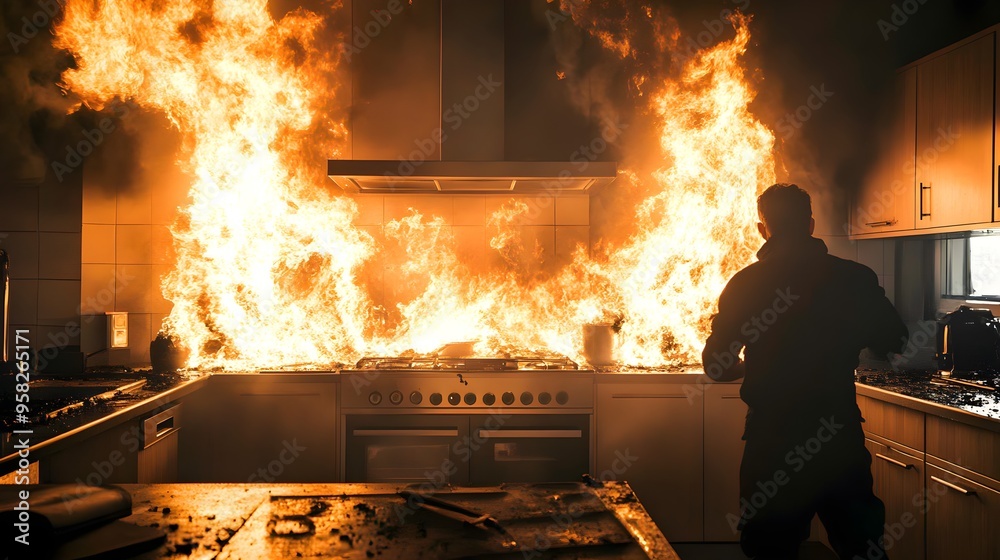 A modern kitchen consumed by a sudden fire, flames spreading across the ...