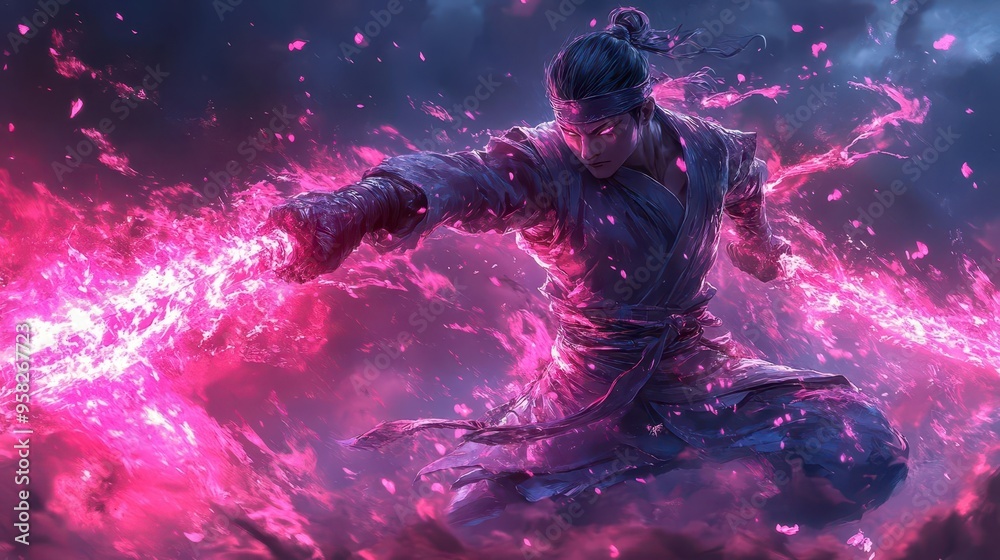 stylized anime warrior in dynamic fighting stance bold colors ...