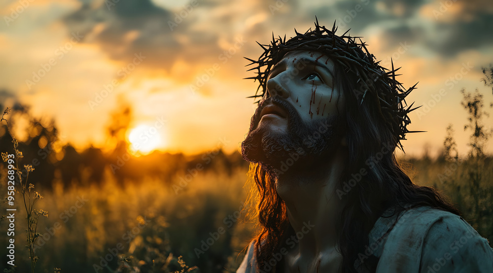 “Jesus Statue in a Field at Sunset, Capturing the Serene and Spiritual ...