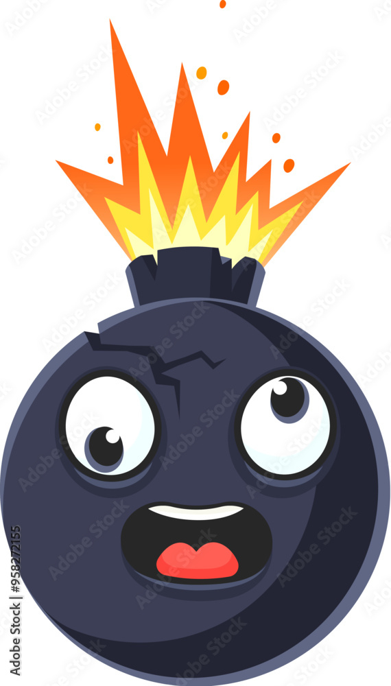 Cartoon bomb character with crazy funky face in boom explosion, vector ...