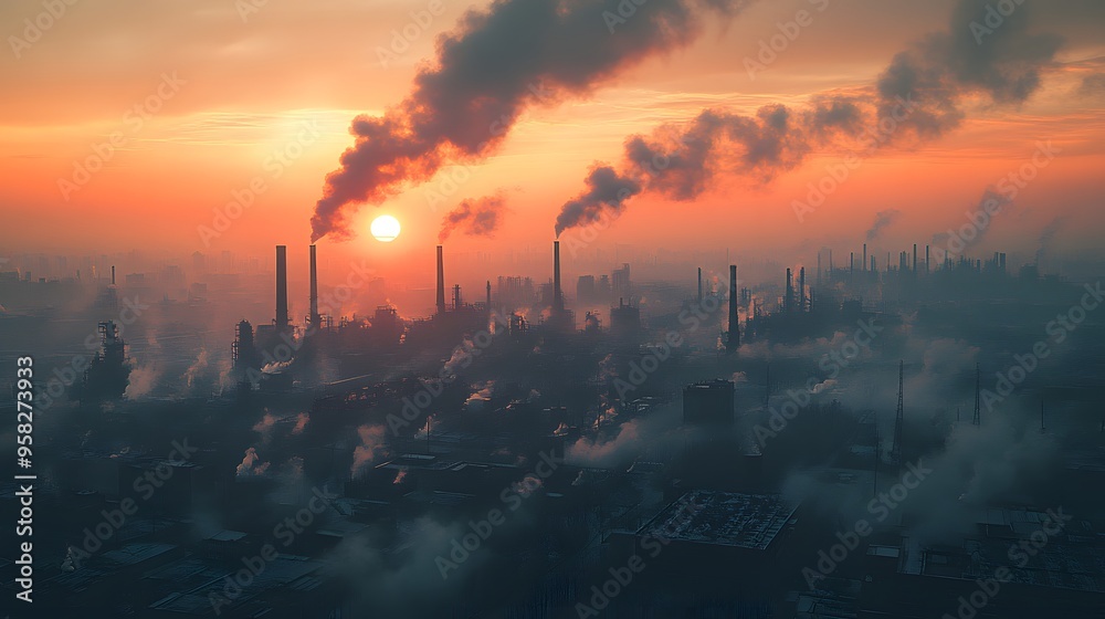 Industrial factory complex with continuous emissions of thick black ...