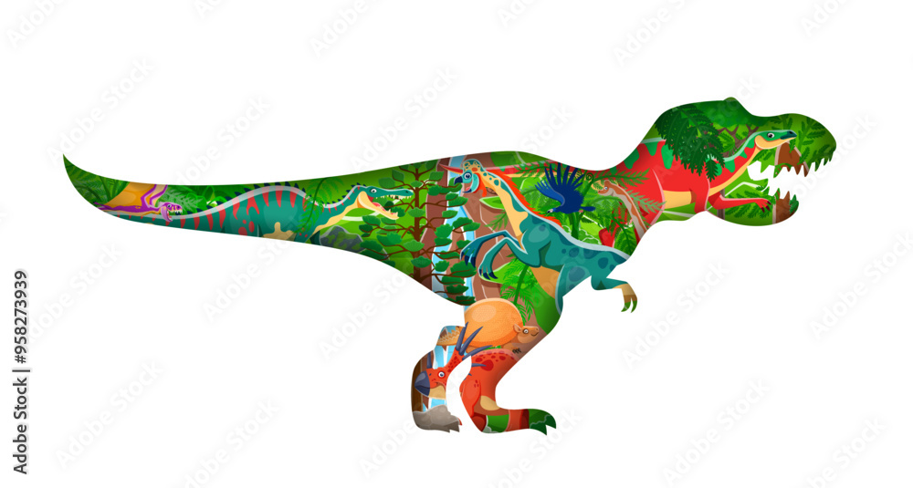 Prehistoric dinosaurs inside T Rex paper cut silhouette, vector ...