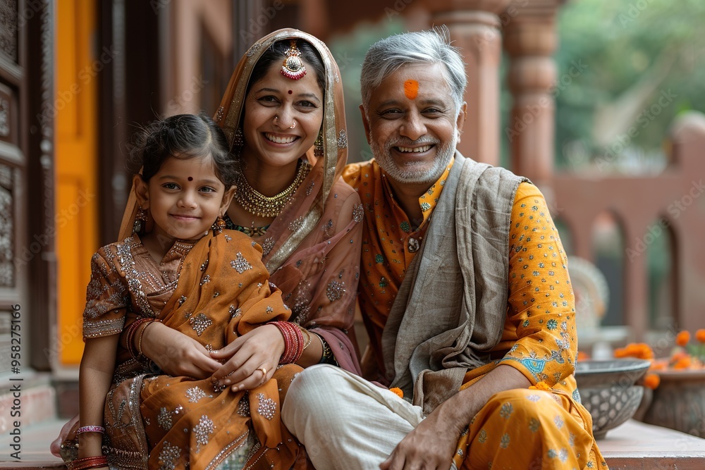 Smiling Indian Family Sitting Together on Outdoor Steps Radiating ...