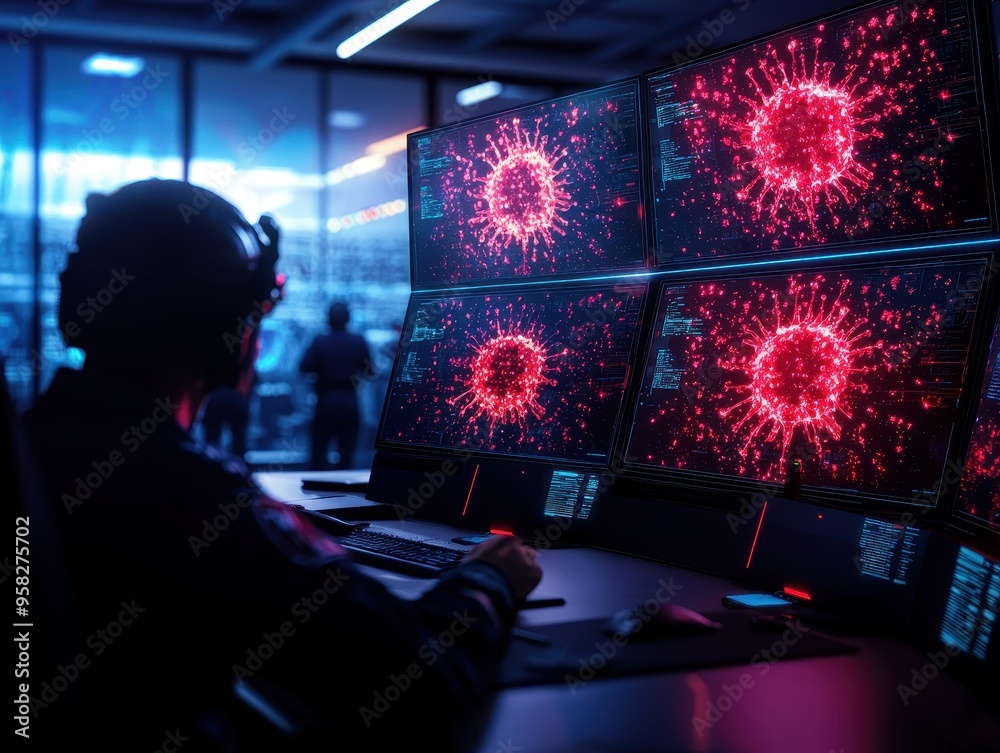 A focused operator analyzes digital data representing viral structures on multiple screens in a ...