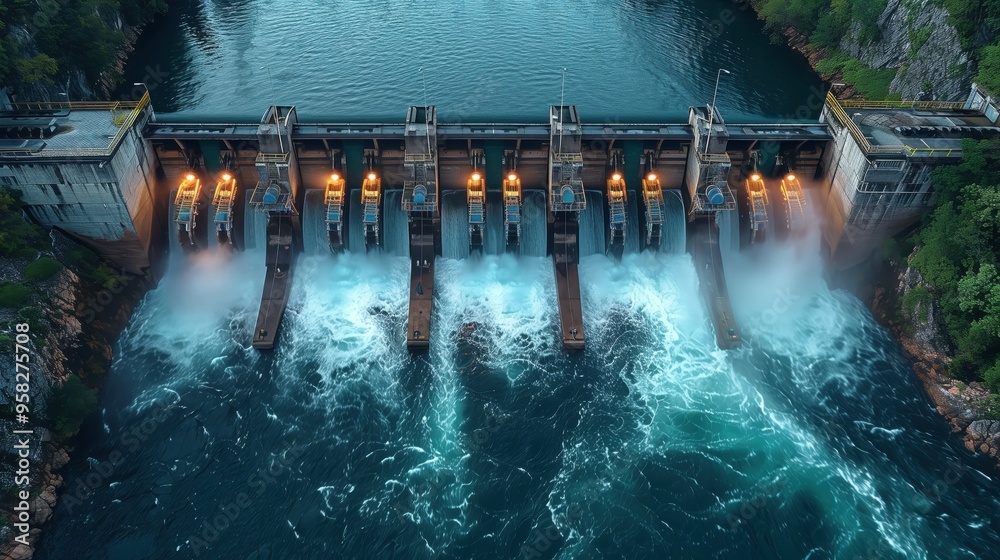 Hydroelectric Dam with Water Flowing Through Gates. Aerial view of a ...