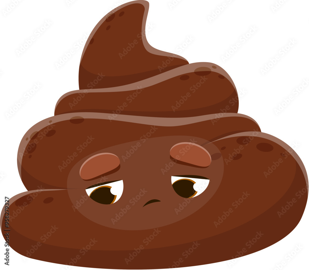 Cartoon poop emoji and poo emoticon with sad face expression, vector character. Cartoon poop ...