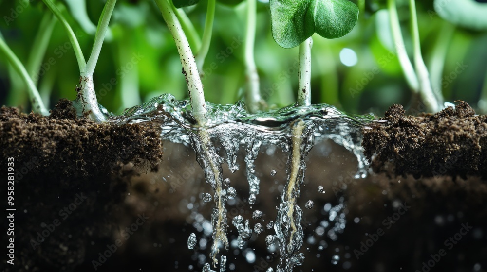 Roots absorbing water and nutrients from the soil, with a focus on root ...